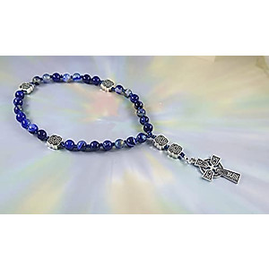 Kit Johnson Designs Anglican Rosary Beads, Blue Striped Agate Beads, Celtic Cross, Prayer Bag, Instruction Booklet