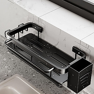 BORDSTRACT Space Saving Kitchen Organizer, Wall Mounted, No Drill Sink Shelf, Sturdy Aluminum Alloy, Drainage Chopstick Holder, Black