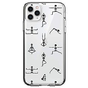 DistinctInk Clear Shockproof Hybrid Case for iPhone 11 (6.1" Screen) - TPU Bumper, Acrylic Back, Tempered Glass Screen Protector - Yoga Skeletons