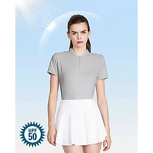 LastFor1 Women's Golf Polo Shirt Short Sleeves UPF 50+ Tennis Tops Active T-Shirt Quick Dry Zip Up Running Shirts Light Grey L