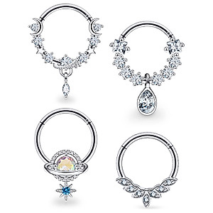 Vsnnsns 16G Septum Rings Piercing Jewelry Septum Jewelry CZ Clicker Ring Stainless Steel Septum Hinged Segment Nose Rings Hoop Piercing Jewelry for Men Women 10mm 4pcs Silver