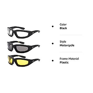 3 Pairs of Choppers Glasses Padded Frame Clear Yellow Smoke Lense Block 100% UVB for Outdoor Activity Spot