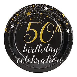 BLUE PANDA 144 Pieces 50th Birthday Party Supplies, Black and Gold Paper Plates, Napkins, Cups, Cutlery, Decorations (Serves 24) - 50th Party Decorations