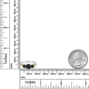 Gem Stone King 925 Silver and 10K Yellow Gold Black Onyx and Diamond 3-Stone Ring For Women (1.51 Cttw, Gemstone December Birthstone, Cushion Checkerboard 6MM and 4MM, Size 8)