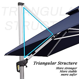 PURPLE LEAF 10 Feet Double Top Deluxe Solar Powered LED Square Patio Umbrella Offset Hanging Umbrella Outdoor Market Umbrella Garden Umbrella, Navy Blue