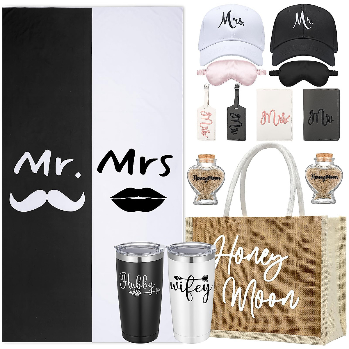 Rtteri 14 Pieces Wedding Gifts for Couple Mr and Mrs Honeymoon Gifts Bride and Groom Gifts Include Wedding Towels 20 oz Wine Tumbler Hat Passport Holder Baggage Tag Glass Bottle Honeymoon Tote Bag