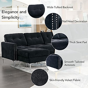 Merax, Black 110" L Convertible Sectional Sofa Velvet U Shape Couch with Movable Ottoman and Storage for Living Room