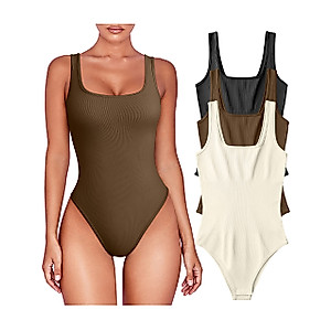 OQQ Women's 3 Piece Yoga Sexy One Sleeveless Square Neck Top BodySuit, Black Coffee Beige, Medium