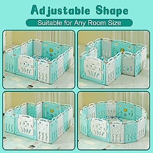 Albott Play Yard Baby Playpen 14 Panels Foldable - Kids Safety Play Center Yard Game Panel and Gate with Safety Lock Adjustable Shape for Children Toddlers Indoors and outdoors 25 Sq Ft(Blue+White)