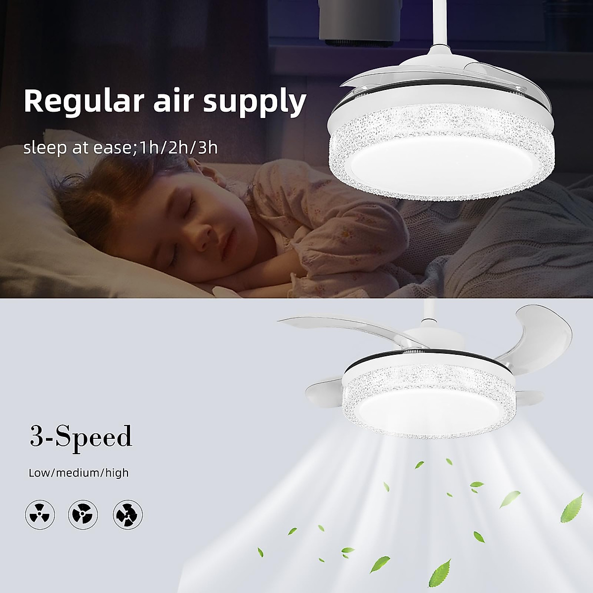 HOREVO Retractable ceiling fans with lights and Bluetooth speaker 42 Inch Fandelier Invisible Blades Chandelier Fan Color Changing Dimmable Hidden Bluetooth Ceiling Fan with lights with remote