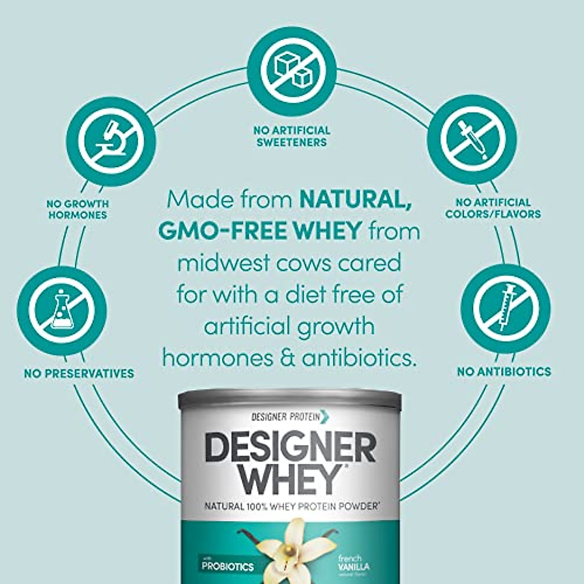 Designer Wellness Designer Whey Natural 100% Whey Protein Powder with Probiotics , Fiber, and Key B-Vitamins for Energy, Gluten-free, Non-GMO, French Vanilla 12 oz
