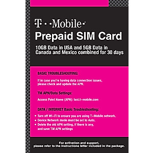 Canada, Mexico and USA Prepaid SIM Card T-Mobile 10GB 4G LTE Data in USA and 5GB Data in Canada and Mexico with Unlimited Talk and Text Among and Within Canada, Mexico and USA for 30 Days