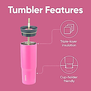 Owala 24oz Insulated Stainless Steel Tumbler and Water Bottle Bundle with Straws and Lids, Brown/Pink and Dreamy Field