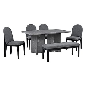 Merax 6 Pieces Dining Table Set with 4 Chairs and 1 Bench,Modern Faux Marble Kitchen Furniture, Gray