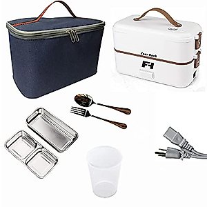 Focs Hoek Electric Lunch Box, Portable Heating Electric Lunch Box, 0.8L/110V With Spoon and Fork Insulation Bag, Suitable for Home School Office Workplace Travel(ONLY THE WALL PLUG) (White)