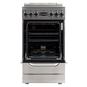 West Bend WB200ERPSS 20-Inch Electric Range, Compact Design, Top with 4 Cooking Zones, Glass Oven Door, Storage Drawer, and Rotisserie Accessories, 2.0 Cu. Ft, Stainless Steel, Metallic