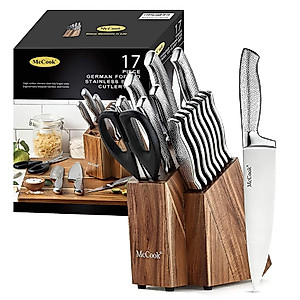 McCook MC20 Stainless Steel Knife Block Sets + MCW12 Bamboo Cutting Board (Large, 17”x12”x1”)