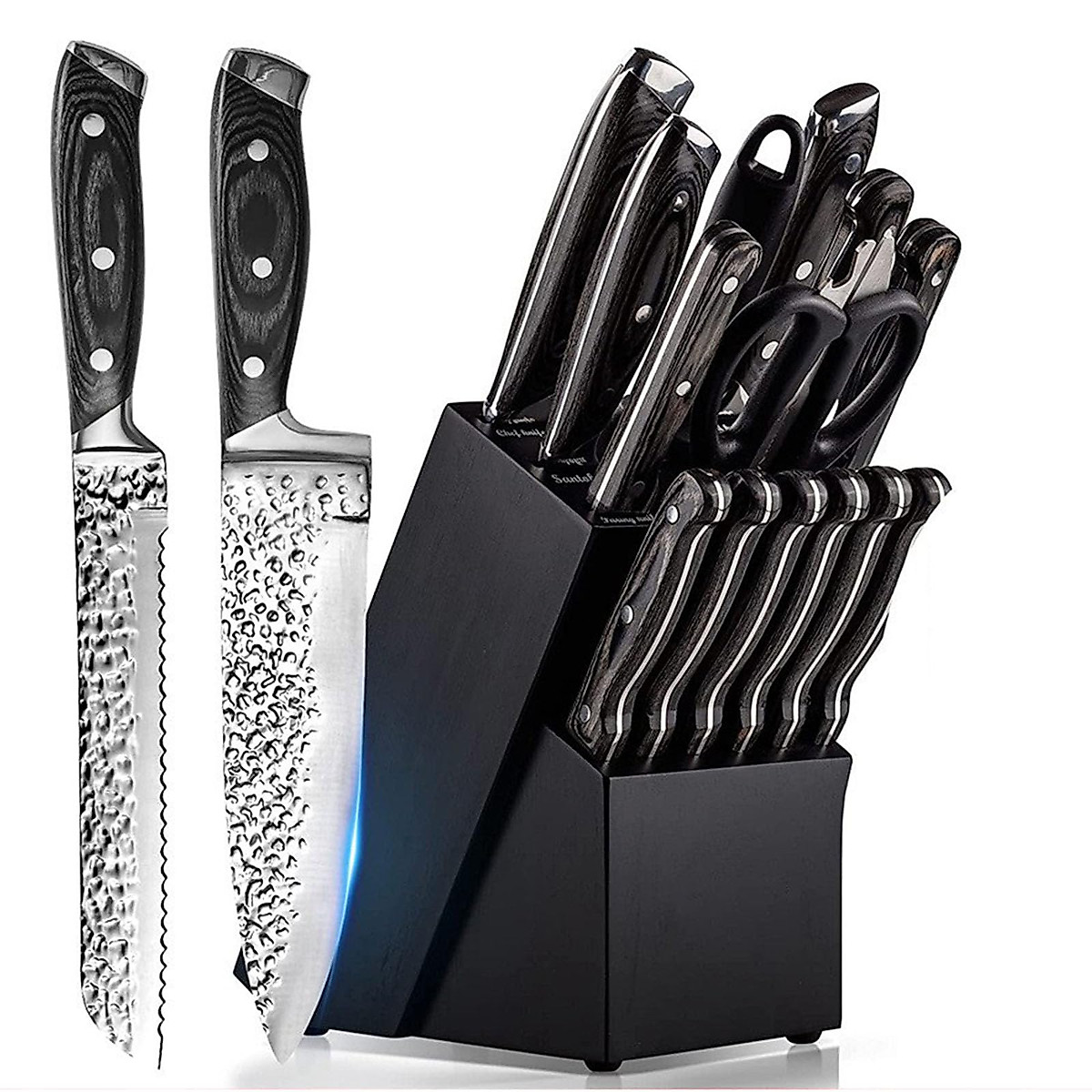 16-Piece Kitchen Knife Set,Ergonomic Wood Handle for Chef Knife Set,Knife Block Set for Chopping,Bread Knife,Santoku Knife,Knife Sharpening And Paring Knife & More,Unique Hammered Design
