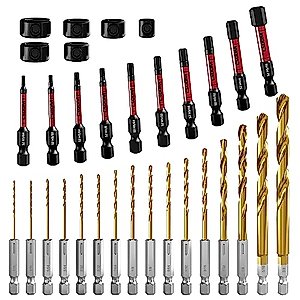 CSOOM 16pcs Twist Drill Bits with 10pcs Impact Magnetic Philips Bits and 6 Piece Drill Locators Set, Made of S2 Alloy Steel, Ideal for Drilling in Metal, Steel, Plastic, Stainless Steel etc