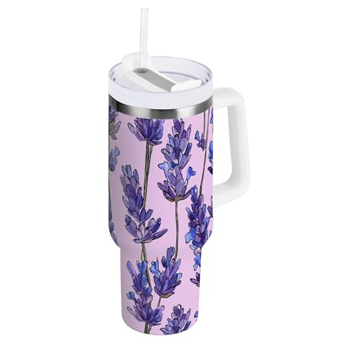 linqin Purple Lavenders Vacuum Insulated Tumbler with Lid and Straw 30 oz Large Water Bottle Reusable Mug with Handle for Water, Iced Tea or Coffee