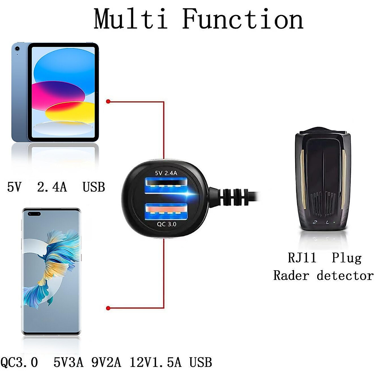 Radar Detector Power Cord,for Unide n Escor t Valentine Beltronics Passport Cobr a etc Radar Detector,with Dual USB QC3.0 Quick Charger(6.5ft) (RJ11QC3.0)
