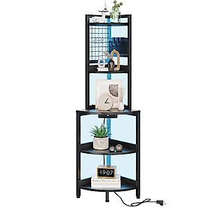 Dripex 60 inch Tall Corner Shelf with Power Outlets & Strip Lights, 5 Tier Corner Bookshelf Freestanding Industrial Corner Ladder Shelves Plant Stand