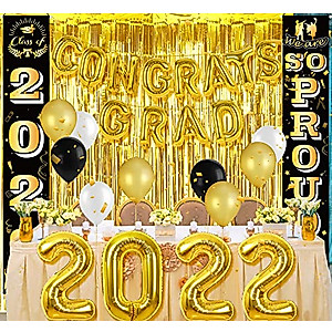 Graduation Decorations 2022, Class of 2022 Graduation Porch Sign, 2022 Balloons + Congrats Grad Foil Balloons + 2PCS Foil Curtains Photo Backdrop for Graduation Party Decorations Indoor Outdoor