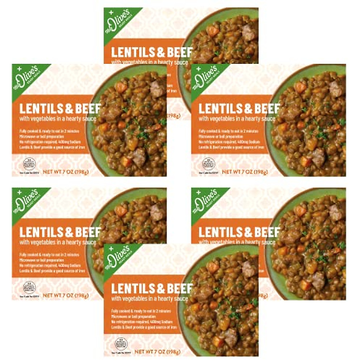 Miss Olive's Lentil & Beef with Vegetables in a Hearty Sauce, Shelf Stable, Lower Sodium Ready Meal (Pack of 6)