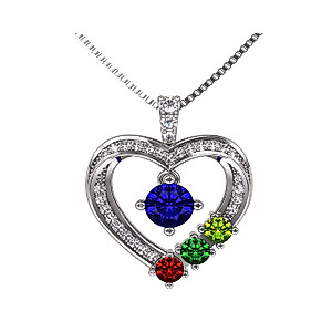 Central Diamond Center Mother & Child Heart Birthstone Necklace 1-6 Stones w/ 22" Adj. Box Chain -Silver Platinum Plated