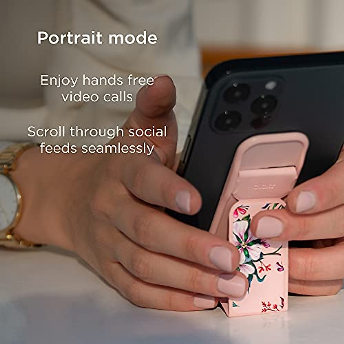 CLCKR Richmond Finch Phone Grip Holder and Expanding Stand, Universal Finger Grip Kickstand Compatible with iPhone 14/13/12, Samsung S22 and More, Multiple Viewing Angles, Pink Blooms Design