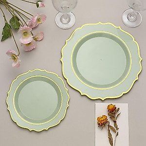 Efavormart 10 Pack | 10" Sage Green Plastic Dinner Plates Disposable Tableware Round With Gold Scalloped Rim for Wedding, Outdoor Receptions, Banquets, Holiday Dining