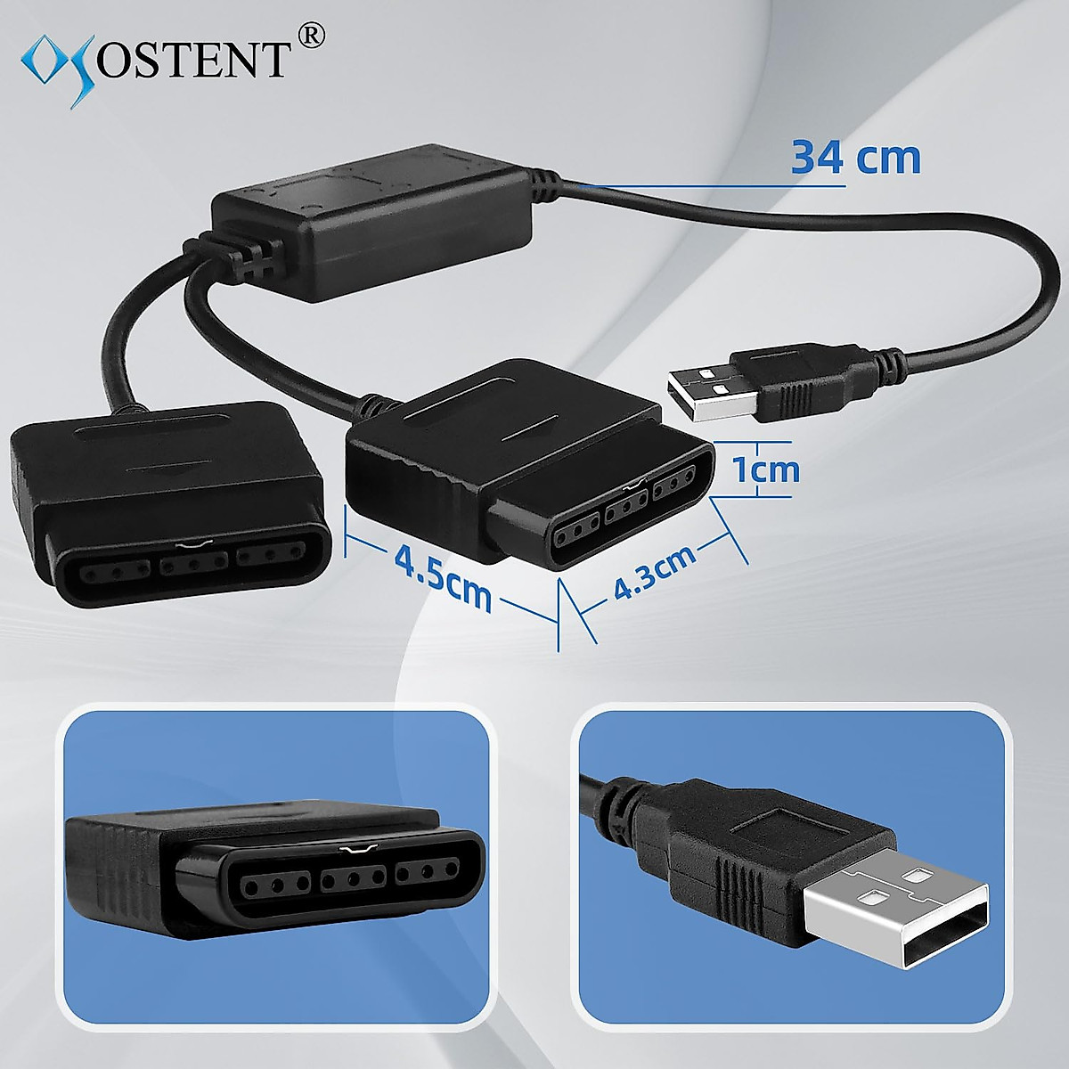 OSTENT Dual USB Adapter Converter Cable Cord for Sony PlayStation 1/2 PS One PSX Wired Controller Gamepad Joystick to PC Laptop