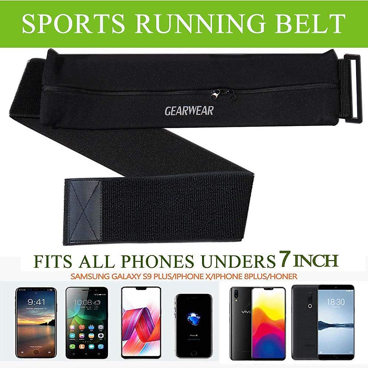 GEARWEAR Running Belt for Women Runner Waist Phone Holder for Men Travel Waistband for Passort Workout Fitness Jogging Walking Hiking Cycling Sports iPhone Fanny Pack Bag Black Zipper