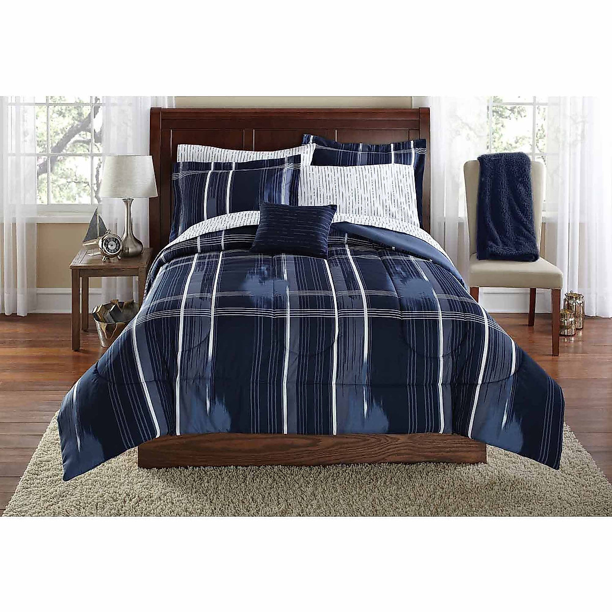 Mainstays Teen Modern Geometric Plaid Navy Blue Reversible Bedding Queen Comforter for Boys (8 Piece in a Bag)