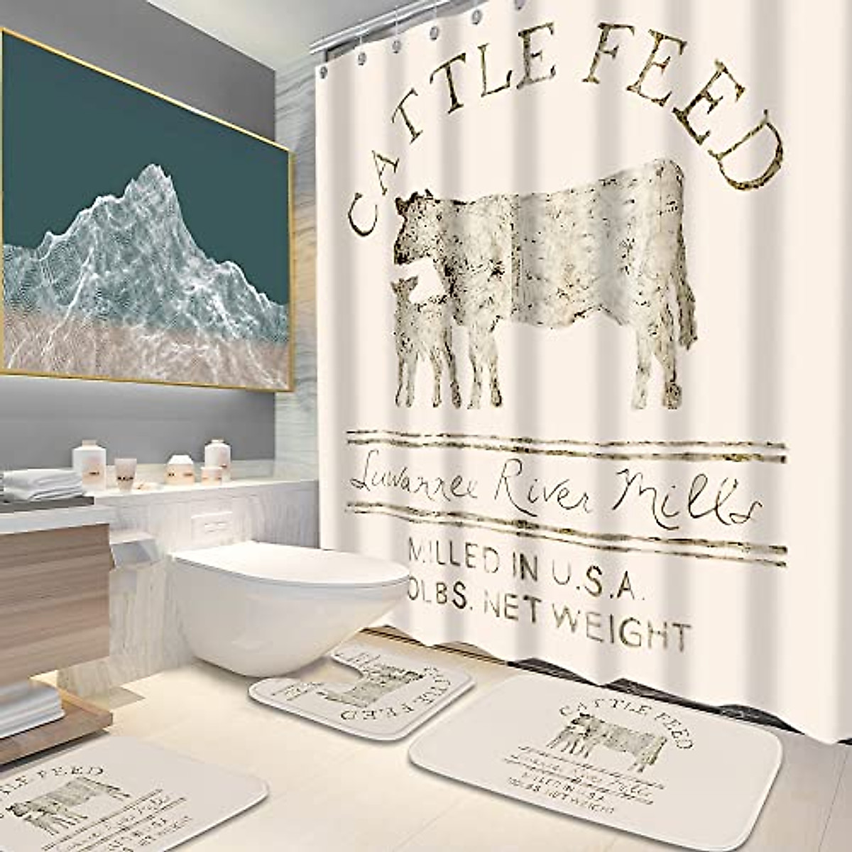 Final Friday Farmhouse Cattle Feed Cow Rustic Bathroom Sets with Shower Curtain 72Wx72H and Rugs and Accessories Decor with Bath Mat, U-Shaped Contour Velvet Washable 20 x 31 inches Ivory White