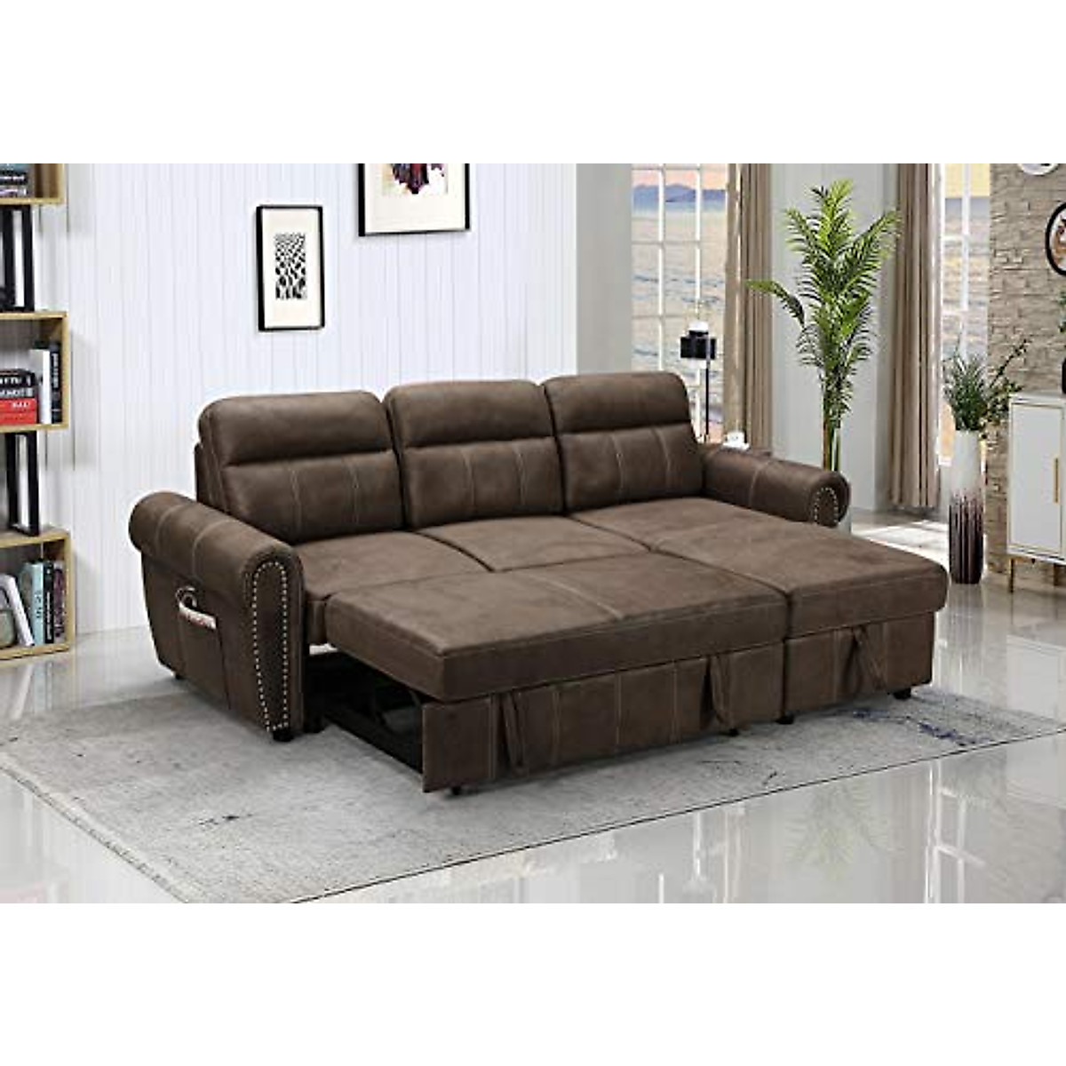 Lilola Home Hugo 96" W Brown Reversible Sleeper Sectional Sofa Chaise with USB Charger