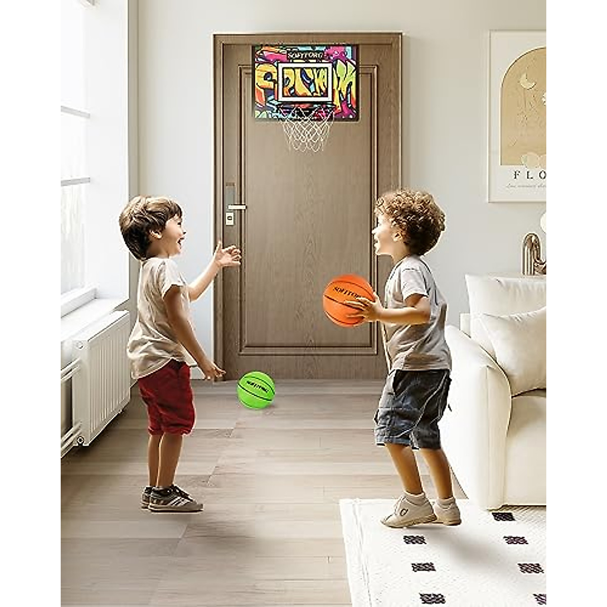 SOFITORG Mini Basketball Hoop Indoor - Over The Door Basketball Hoop with Foldable Flex Rim - Wall Mount Basketball Hoop Set with 2 Balls - Small Hoop Toy for Kids Teens Adults