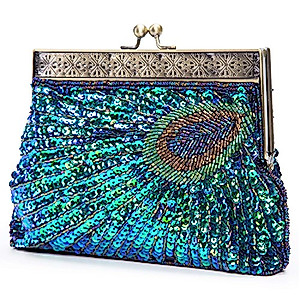 UBORSE Beaded Sequin Peacock Blue Evening Clutch Bags Party Wedding Purse
