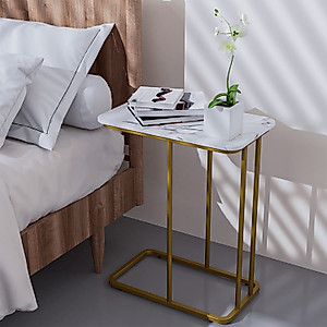 C Shaped Side Table, Small End Table, Modern Simplicity Waterproof Marble Pattern Coffee Table with Steel Frame for Living Room, Bedroom (White)