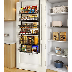 Mefirt Over The Door Pantry Organizer, Pantry Storage and Organization, 6-Tier Adjustable Hanging Baskets, Metal Wall Mount Spice Rack Seasoning Shelves for Home & Kitchen, Laundry Bathroom - Black