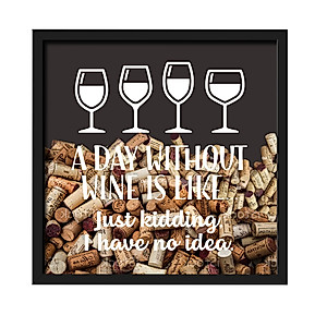 Chris's Stuff Wine Cork Holder | Shadow Box Frame 11"x11" Cork Storage Display Organizer | Wall Mounted, Tabletop & Countertop Hanging Cork Holders Wine Decor Shadowbox ( Black, A Day Without Wine )