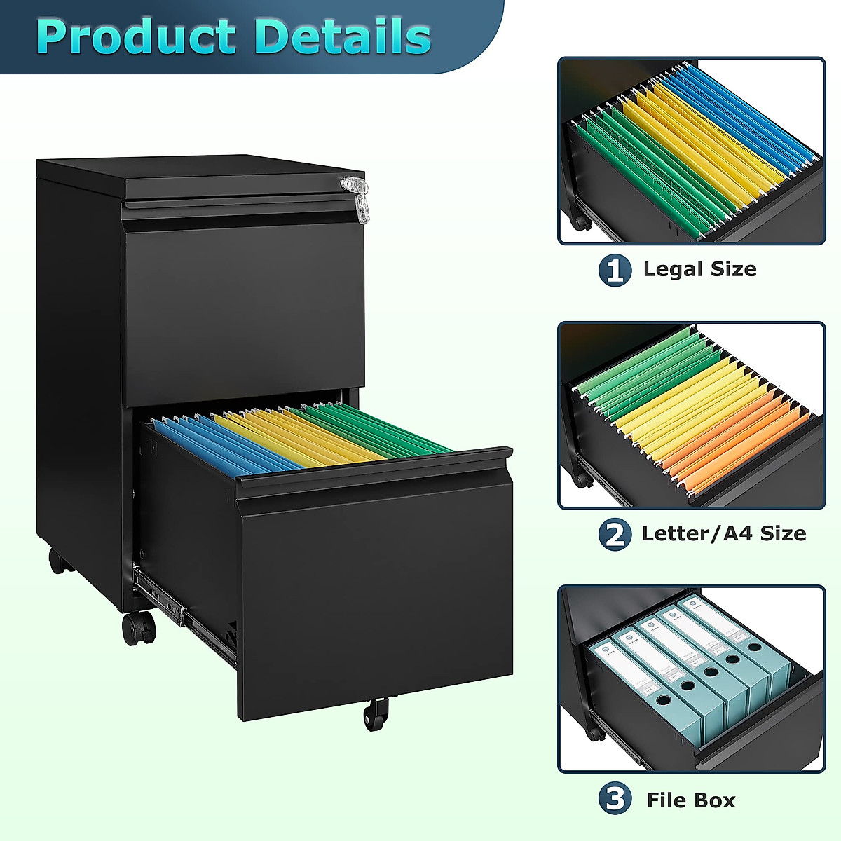 AFAIF 2 Drawer File Cabinet with Lock, Rolling File Cabinets for Home Office, Small Metal Filing Cabinet Office Drawers Under Desk for Letters/Legal/A4 Size, Assembly Required