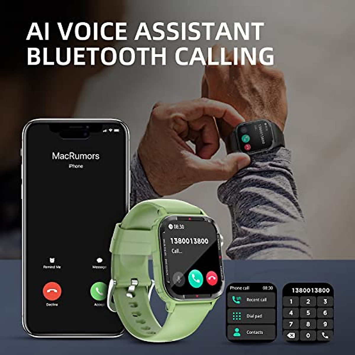 WalkerFit M2 Pro Smart Watch for Men, Fitness Tracker Watch Heart Rate Monitor, Step Tracker, Fitness Watch Smartwatch for Android for iPhone Compatible, Waterproof Reloj Inteligente para Hombre,Green