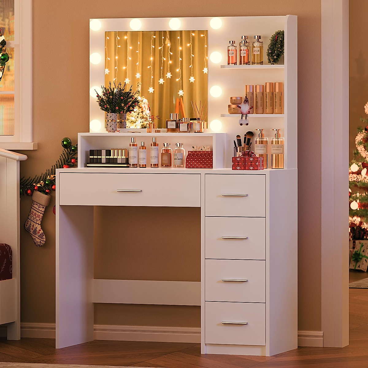 Quimoo Makeup Vanity Desk with Mirror & Lights, Vanity Desk with 5 Drawers & Storage Shelves, Vanity Table, 3 Color Modes & Adjustable Brightness Dressing Table, Bedroom