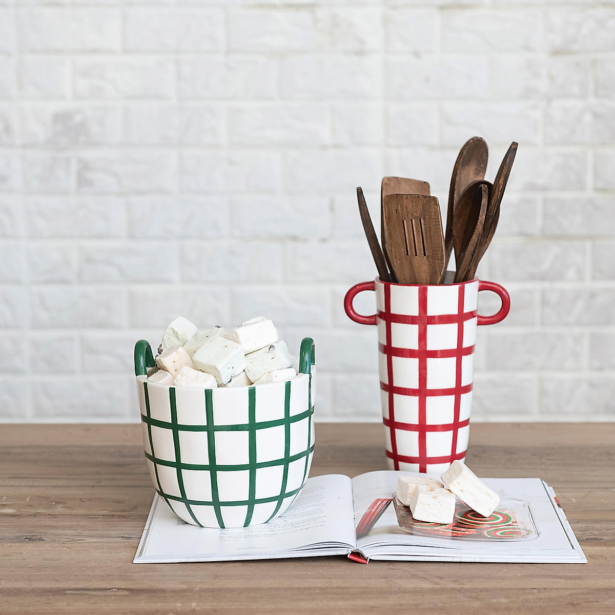 Creative Co-Op Hand-Painted Stoneware Container with Grid Pattern and Handles, Red and White