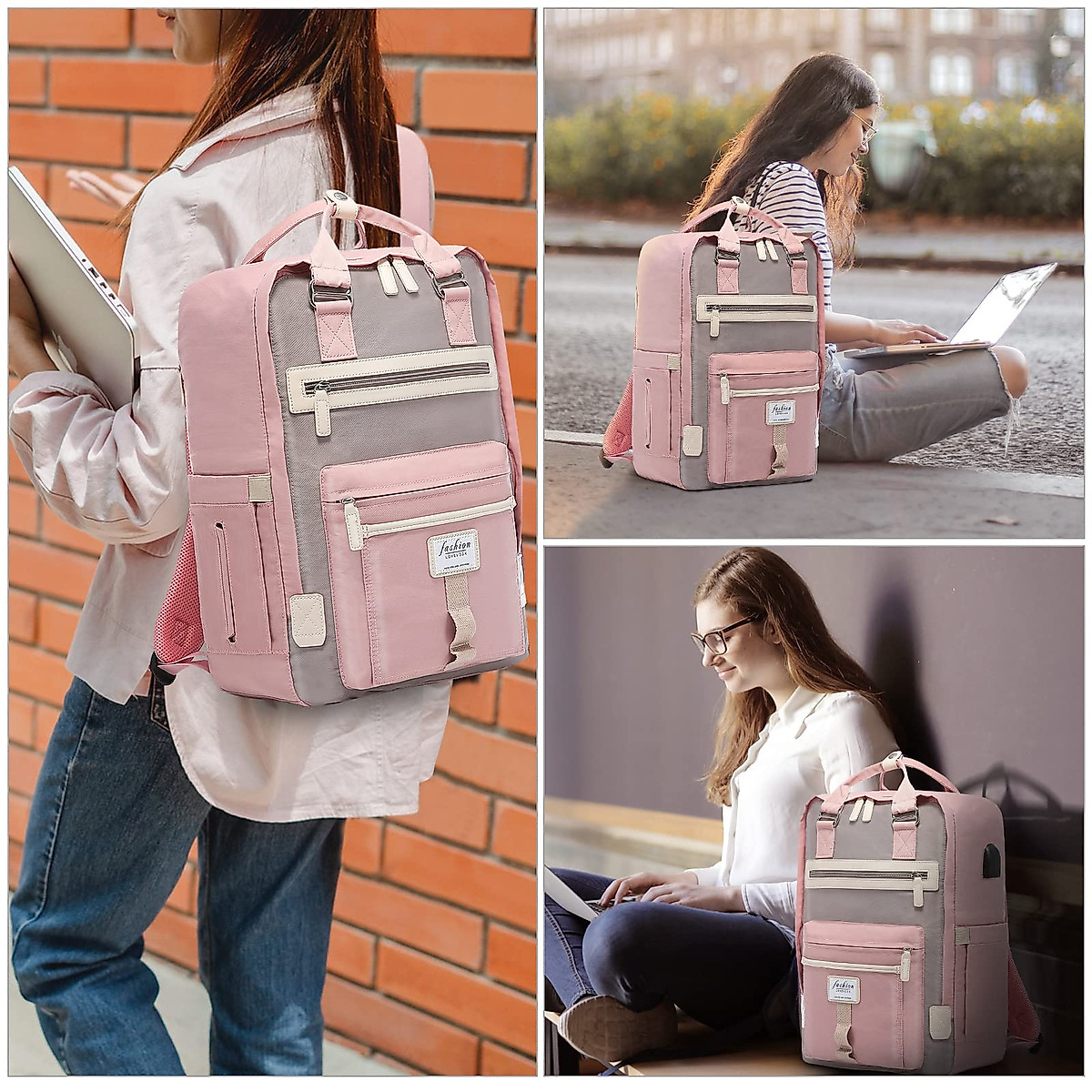 LOVEVOOK Laptop Backpack for Women Waterproof Travel Backpack Cute Backpack with USB Charging Port 14 Inch, Pink