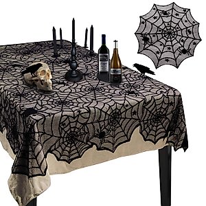 Korlon Halloween Tablecloth, 2 Pcs Halloween Decorations Indoor Spider Web Table Cloth, 54”x 72” Rectangular & 42” Round Black Lace Tablecloth Cover for Halloween Home Party Kitchen Table Decor