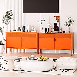 Washsemba 2 Door Metal Accent Cabinet,Orange Metal Storage Cabinet with Adjustable Shelf,2-Tier Office Cabinet,Multipurpose Metal Locker Storage Cabinet for Office Home,Music Studio (Orange)