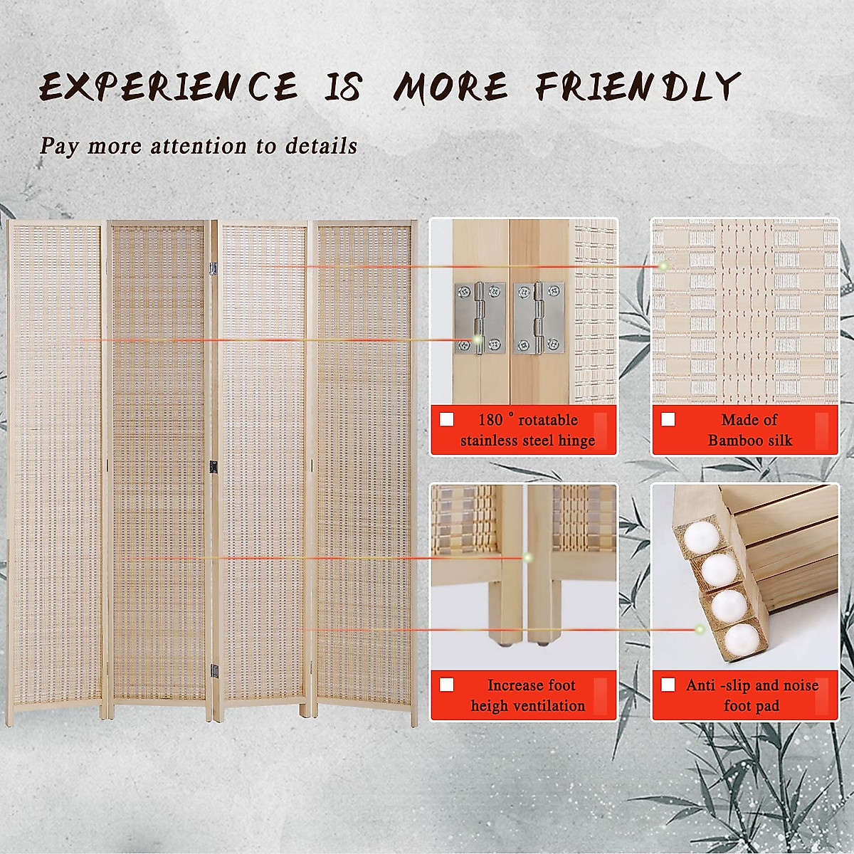 Room Divider Folding Privacy Screens 6 Ft 4 Panel Bamboo Portable Divider Wall Freestanding Partition Room Divider Screen for Room Separator Home Office,Natural