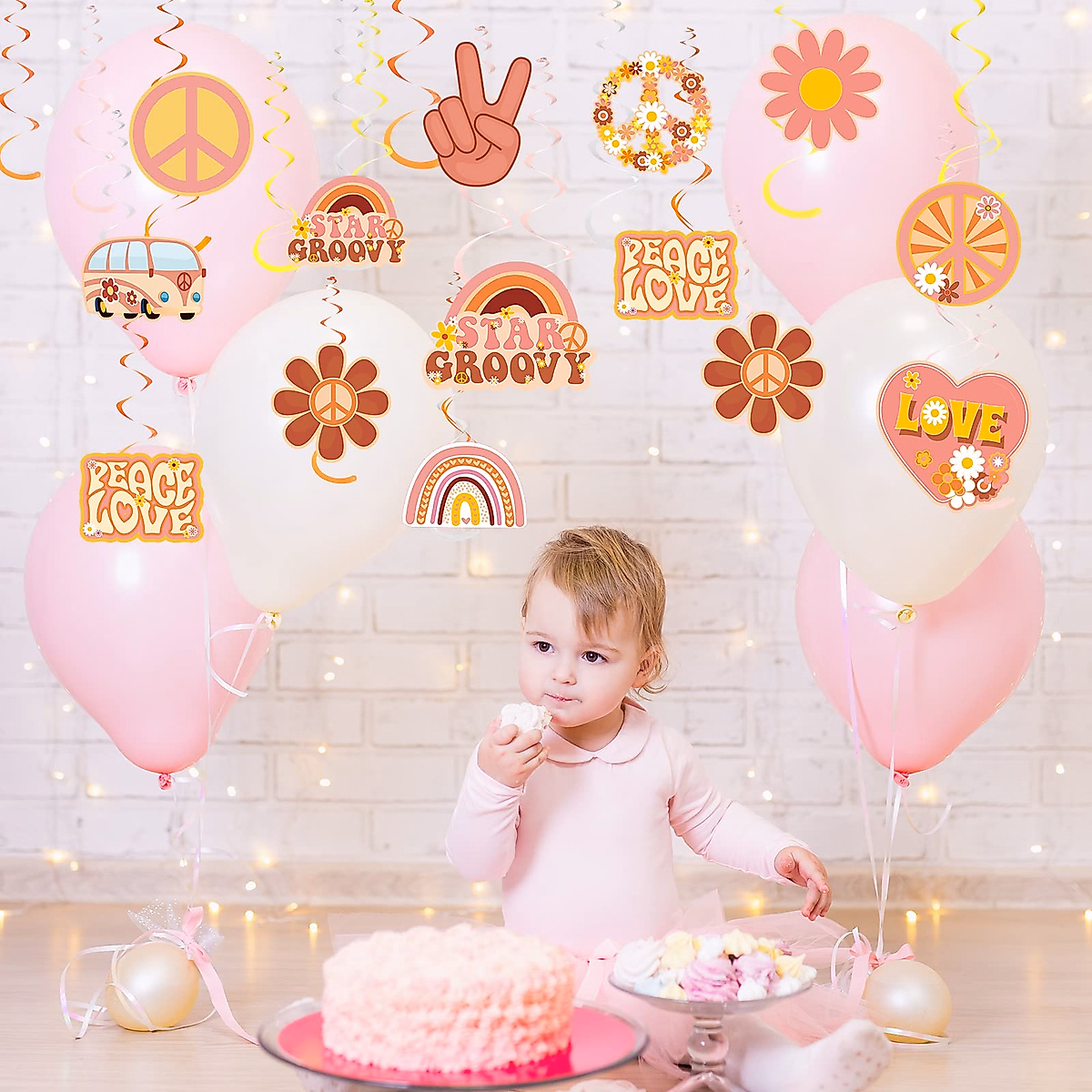 51 Pcs Two Groovy Party Hanging Swirl Decorations, Groovy Retro Hippie Boho Party Hanging Swirl Rainbow Daisy Flower Decorations for Girls Star Groovy Daisy Birthday Baby Shower Party Supplies